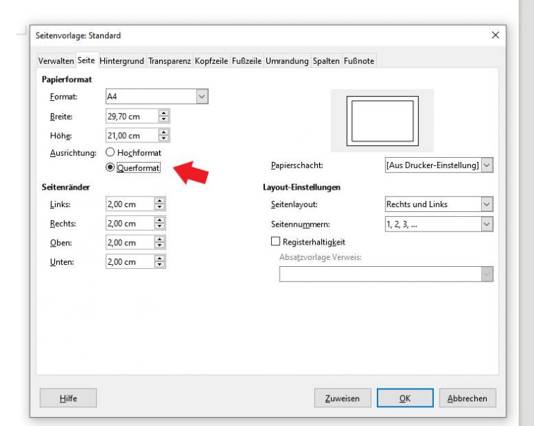 LibreOffice: Seite ins Querformat bringen